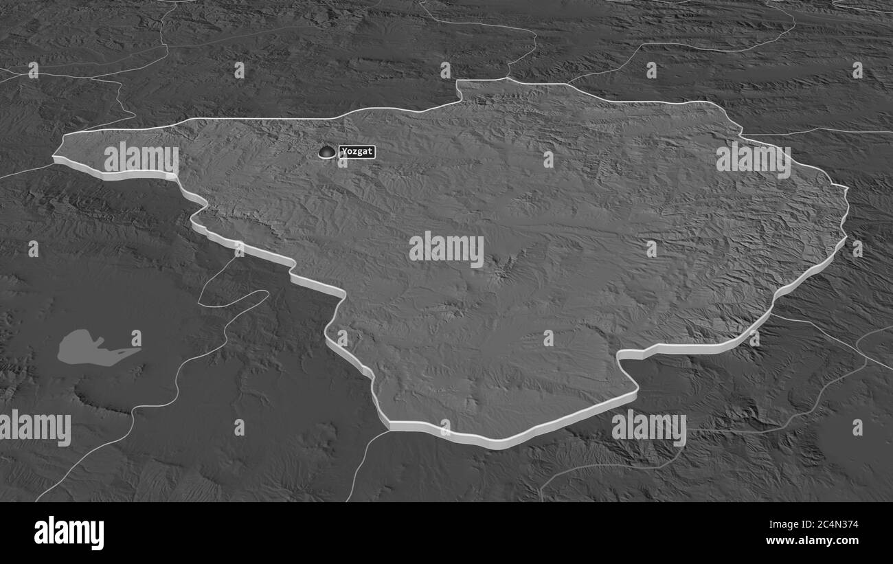 Zoom in on Yozgat (province of Turkey) extruded. Oblique perspective ...