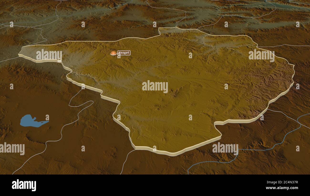 Zoom in on Yozgat (province of Turkey) extruded. Oblique perspective ...