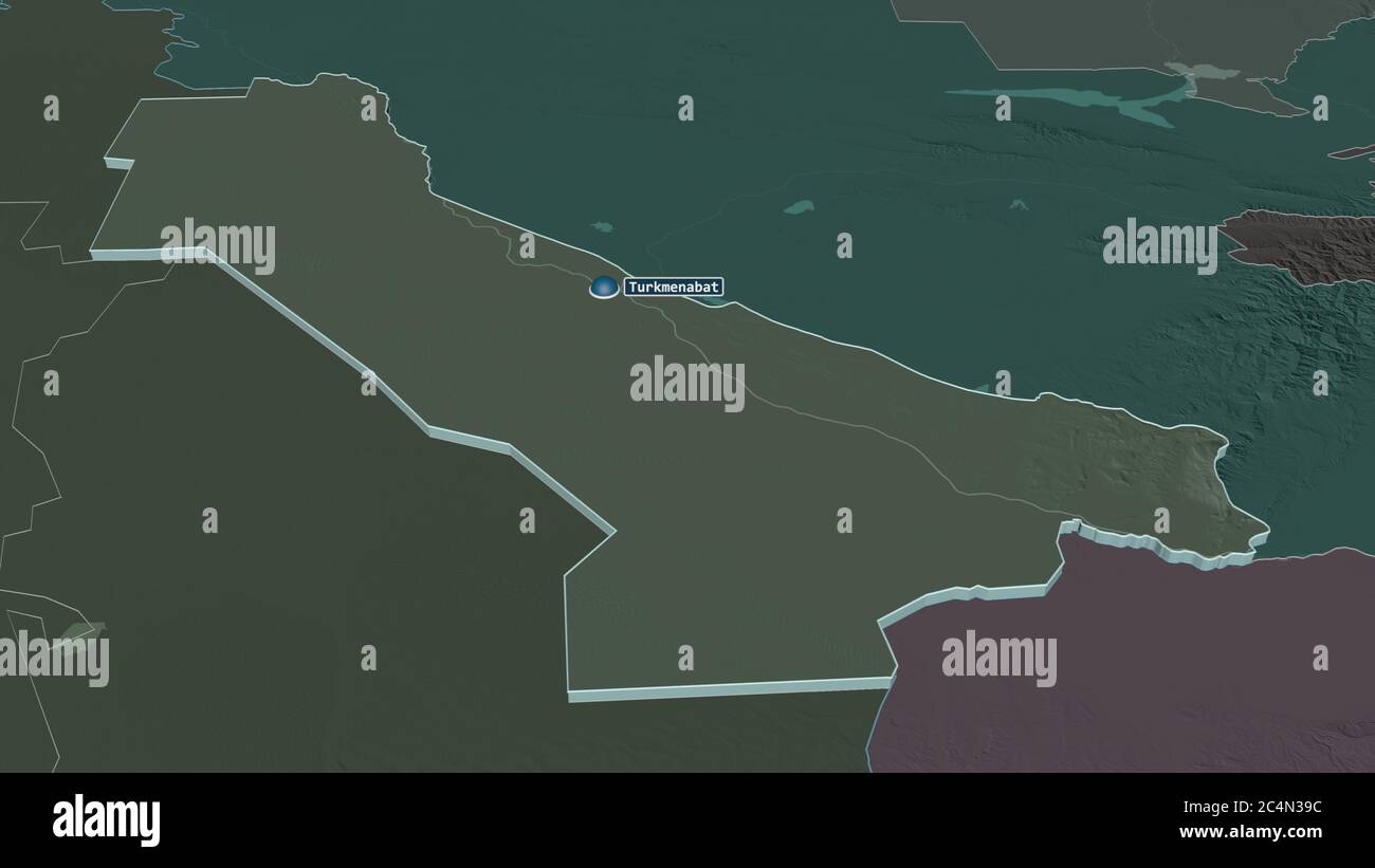 Zoom in on Chardzhou (province of Turkmenistan) extruded. Oblique ...