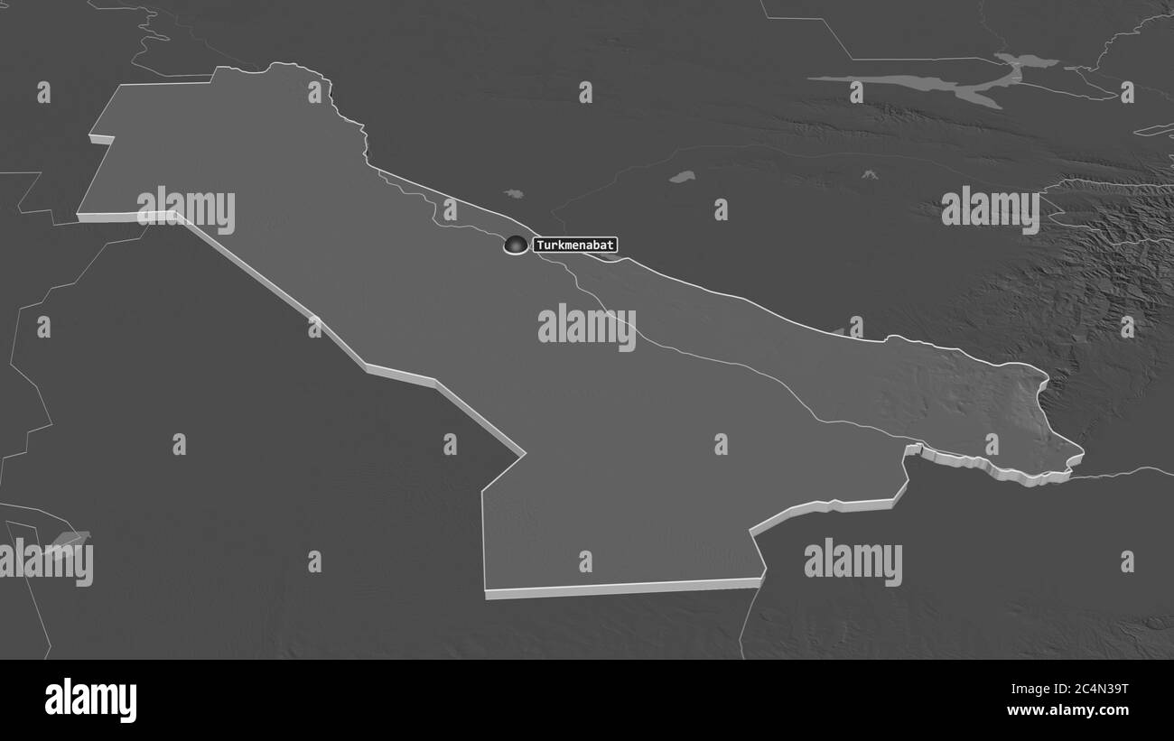 Zoom in on Chardzhou (province of Turkmenistan) extruded. Oblique ...