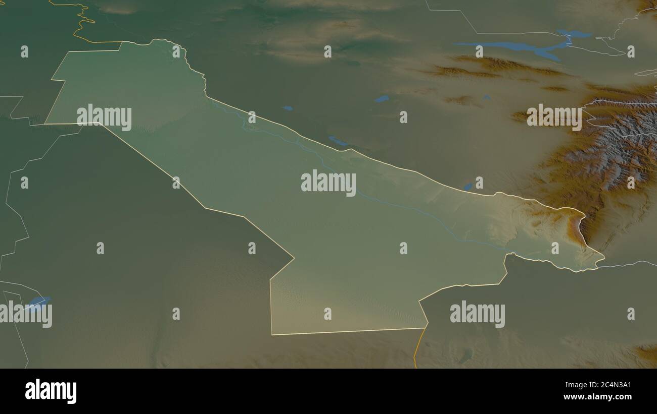 Zoom in on Chardzhou (province of Turkmenistan) outlined. Oblique ...