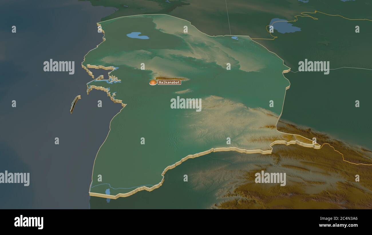 Zoom in on Balkan (province of Turkmenistan) extruded. Oblique ...