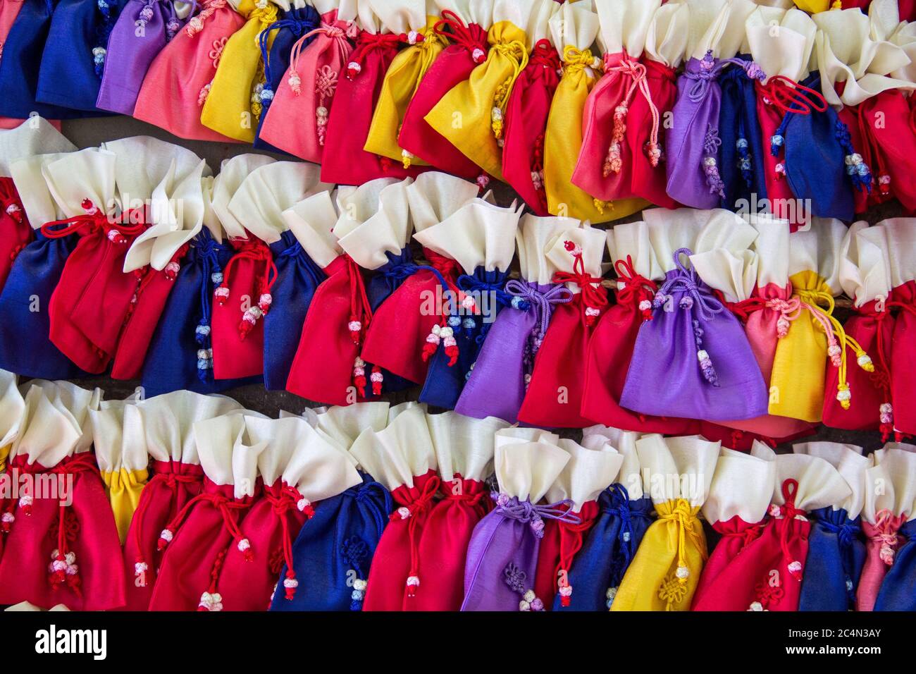 Colorful Good luck bags at the Buddhist temple in Seoul, South Korea ...