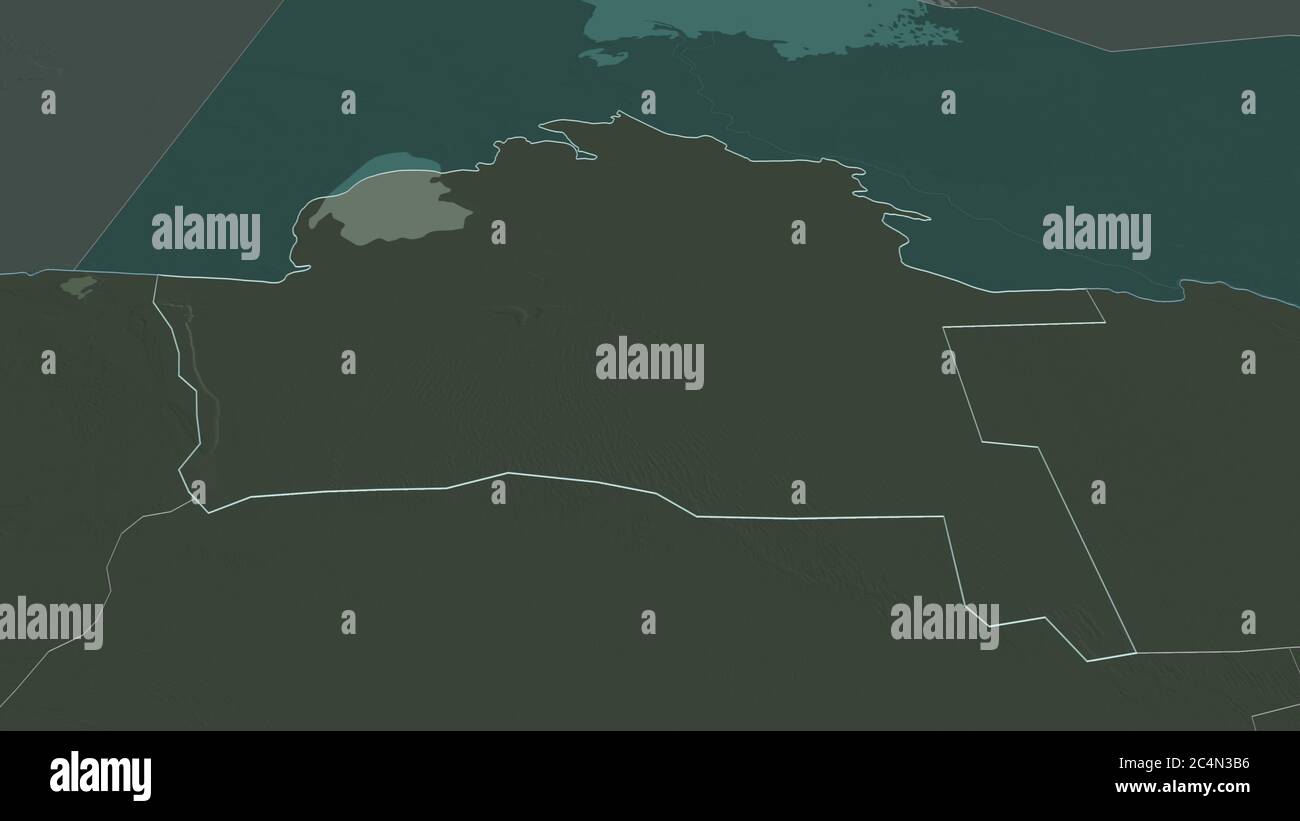 Zoom in on Tashauz (province of Turkmenistan) outlined. Oblique ...