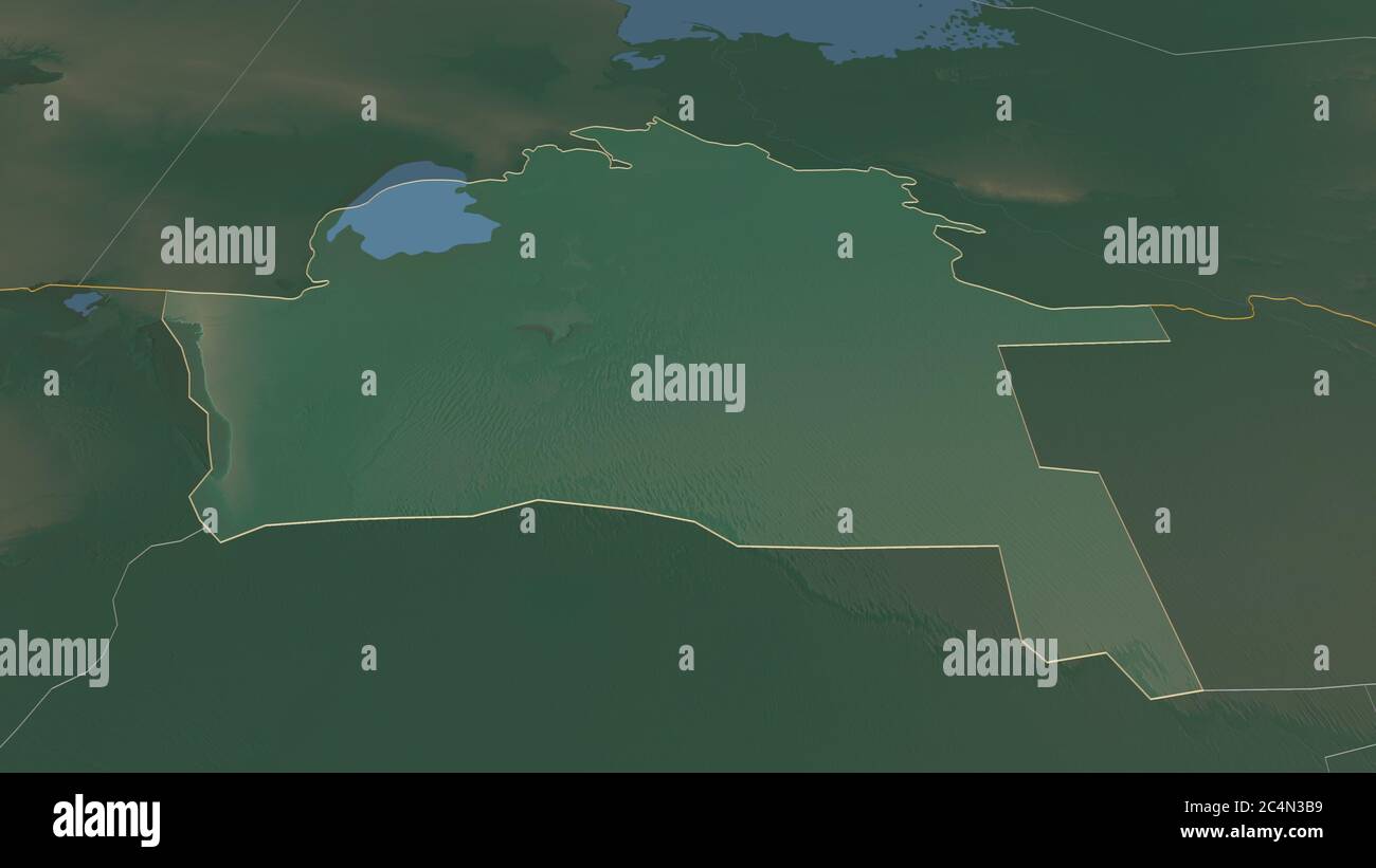 Zoom in on Tashauz (province of Turkmenistan) outlined. Oblique ...