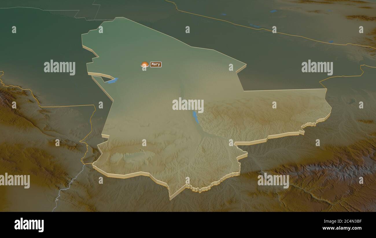 Zoom in on Mary (province of Turkmenistan) extruded. Oblique ...