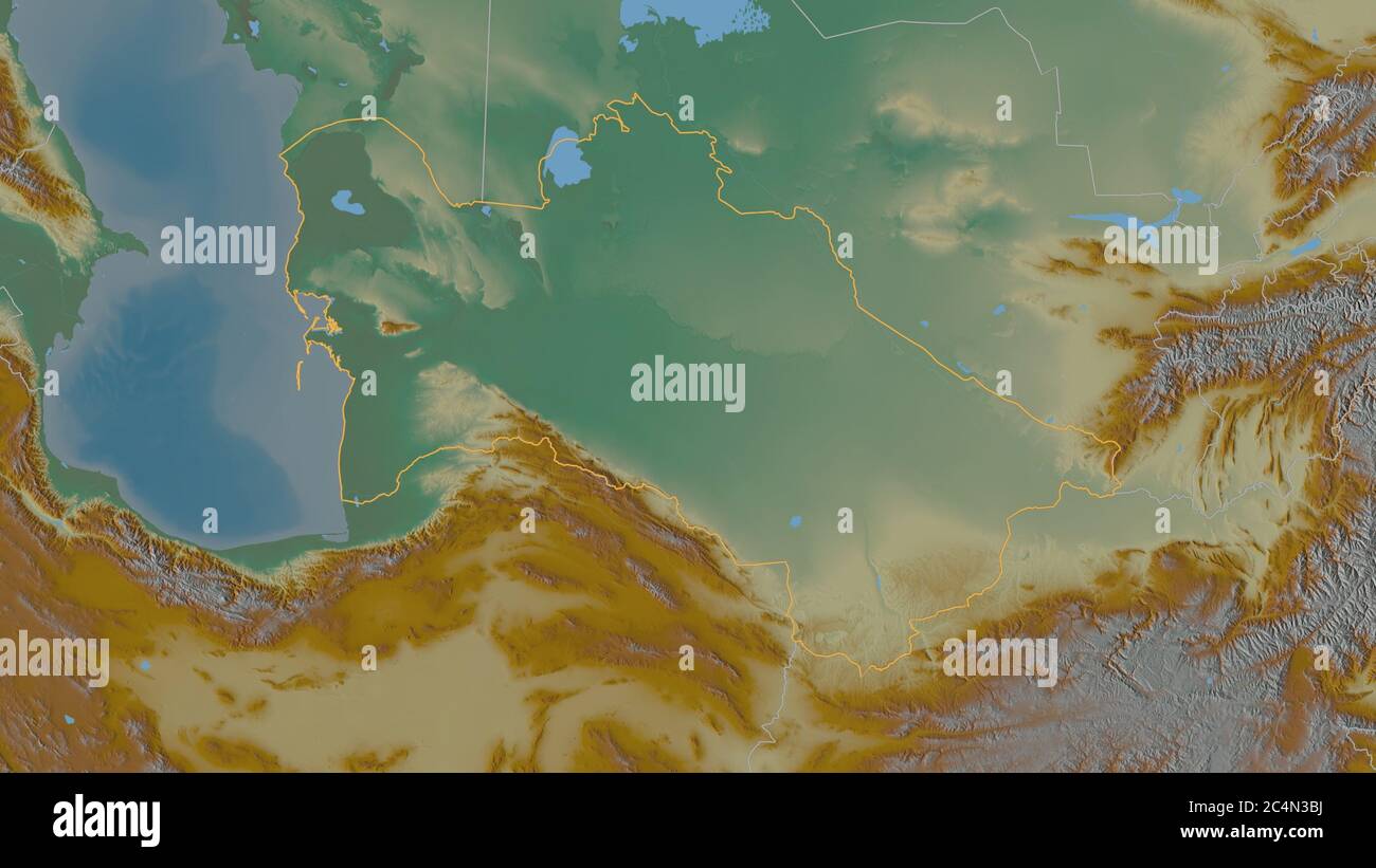 Outlined shape of the Turkmenistan area. Topographic relief map with ...