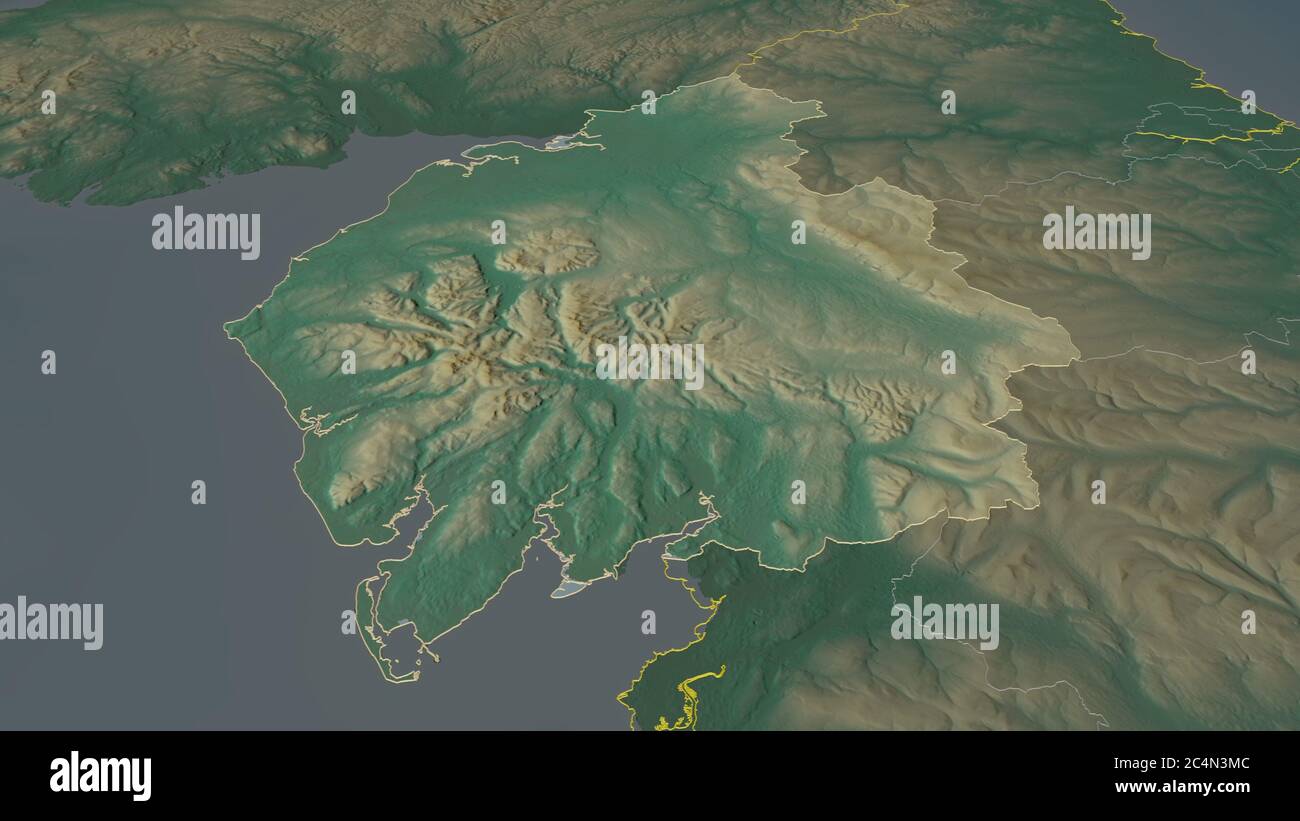 Zoom in on Cumbria (administrative county of England) outlined. Oblique ...