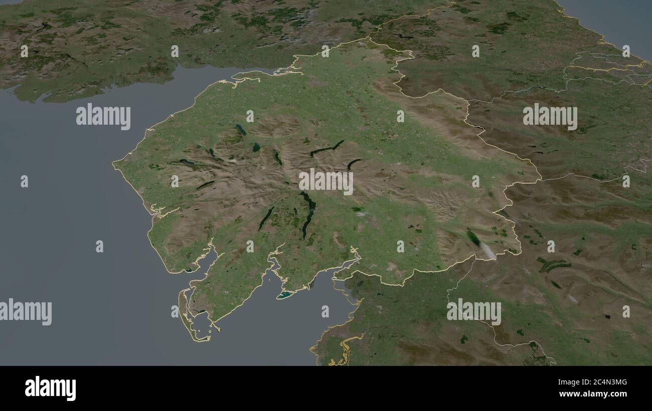 Zoom in on Cumbria (administrative county of England) outlined. Oblique ...