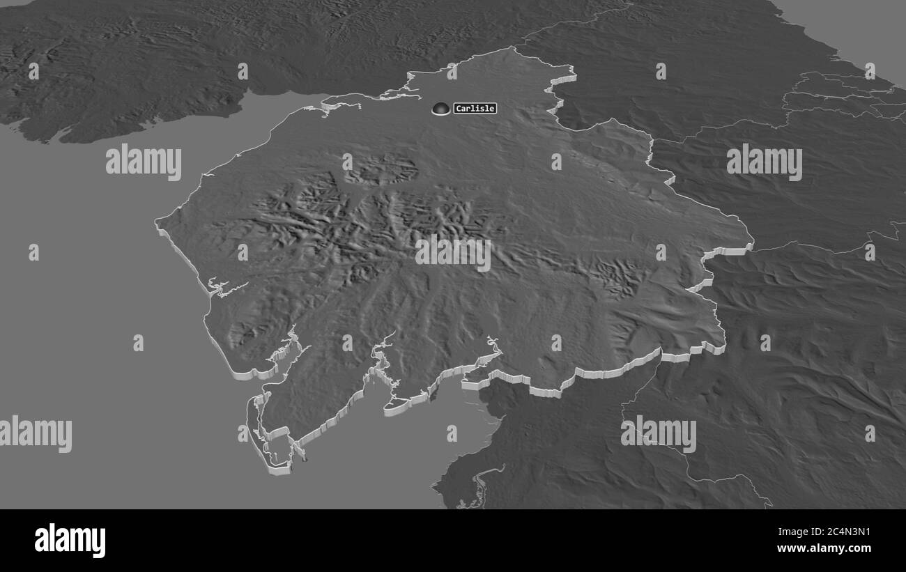 Zoom in on Cumbria (administrative county of England) extruded. Oblique ...