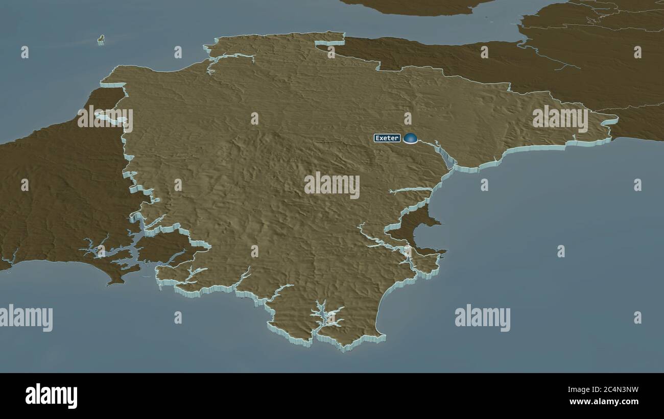 Zoom in on Devon (administrative county of England) extruded. Oblique ...