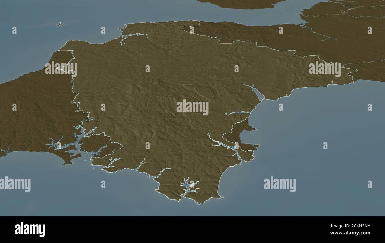 Zoom in on Devon (administrative county of England) outlined. Oblique ...