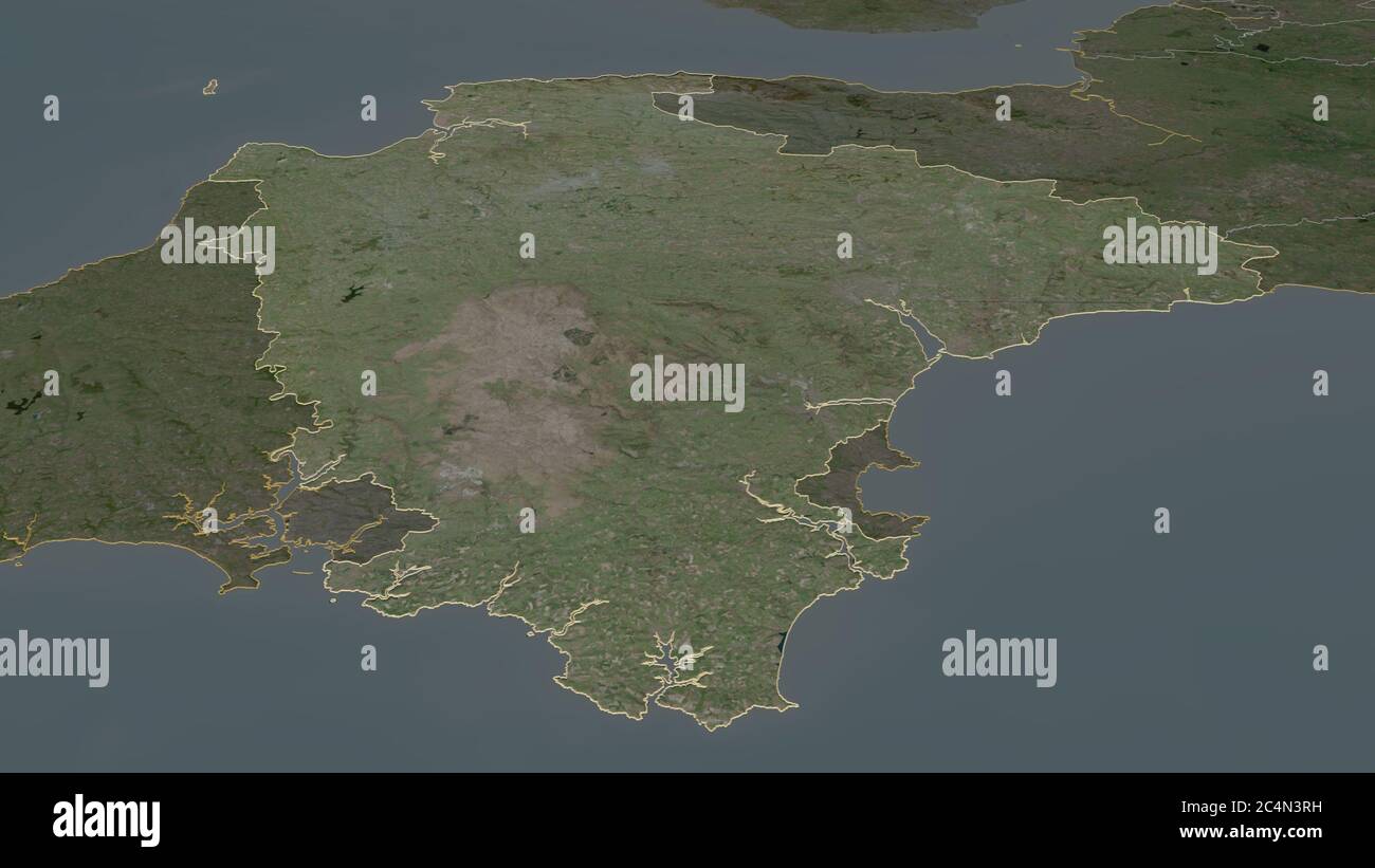 Zoom in on Devon (administrative county of England) outlined. Oblique ...