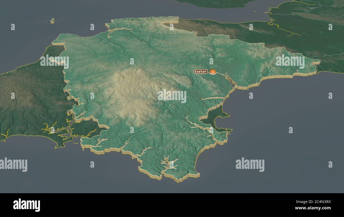 Zoom in on Devon (administrative county of England) extruded. Oblique ...