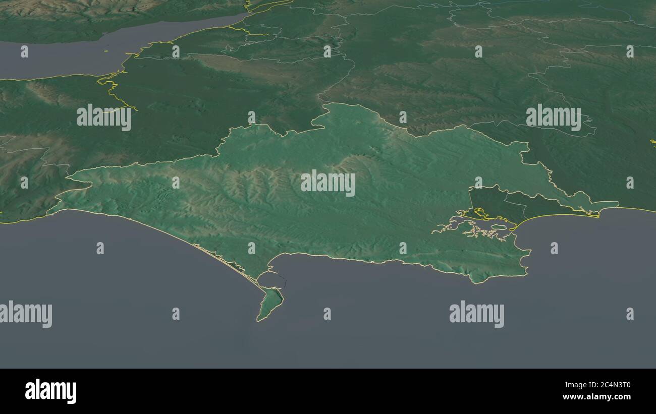 Zoom in on Dorset (administrative county of England) outlined. Oblique ...