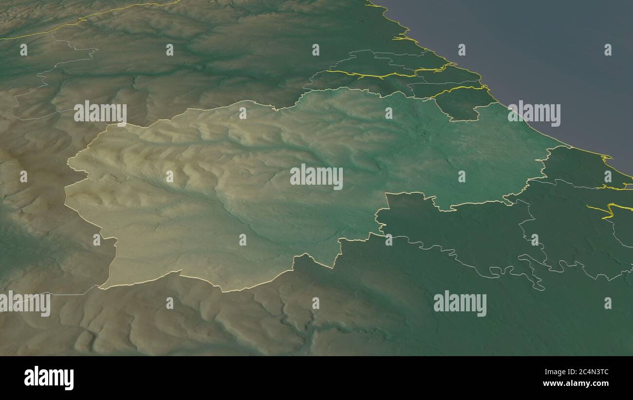 Zoom in on Durham (administrative county of England) outlined. Oblique ...