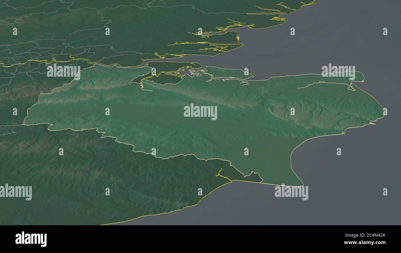 Zoom in on Kent (administrative county of England) outlined. Oblique ...