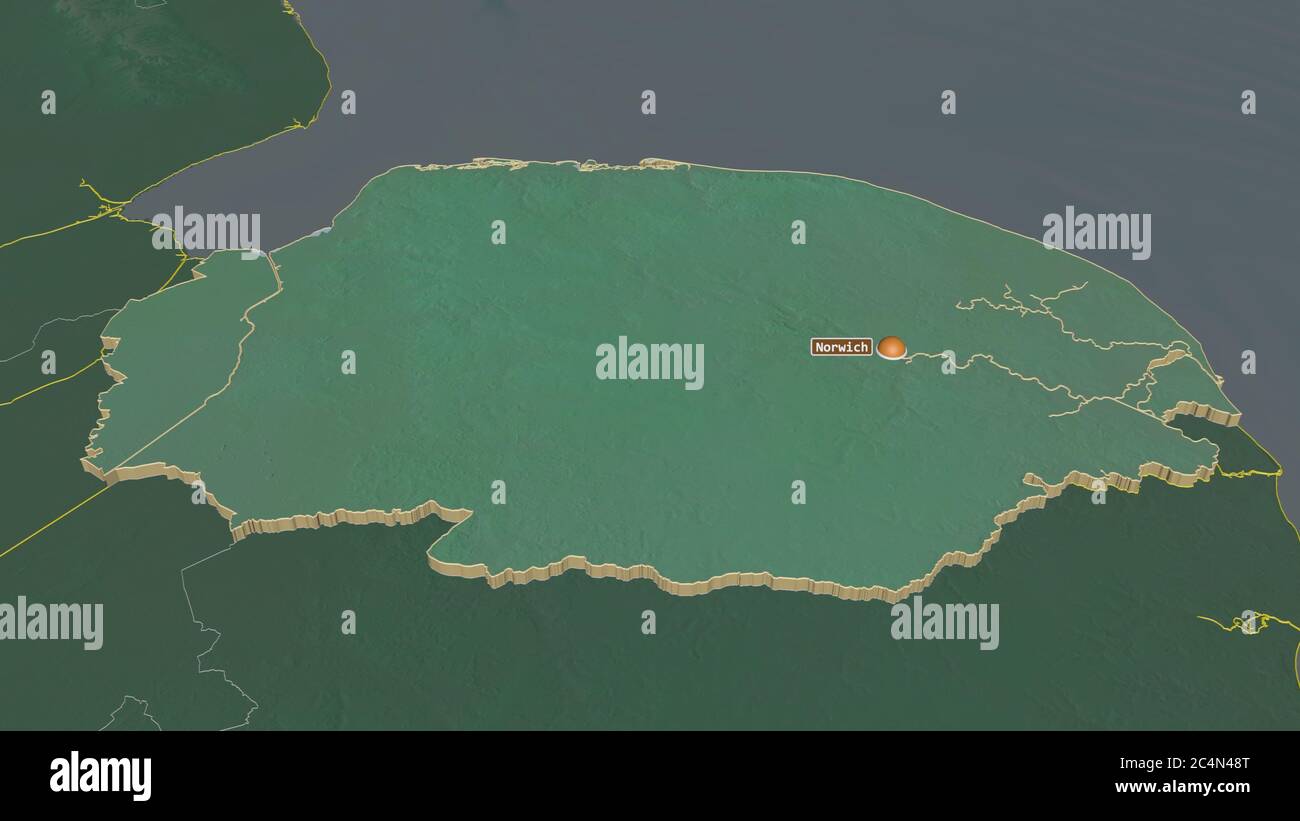 Zoom in on Norfolk (administrative county of England) extruded. Oblique ...
