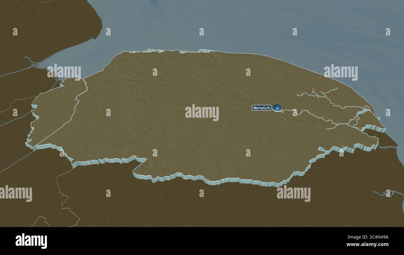 Zoom in on Norfolk (administrative county of England) extruded. Oblique ...