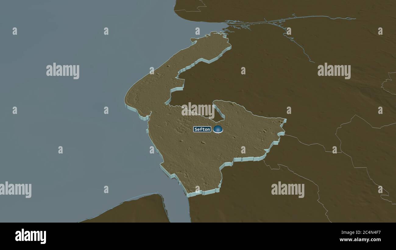 Zoom in on Sefton (administrative county of England) extruded. Oblique ...