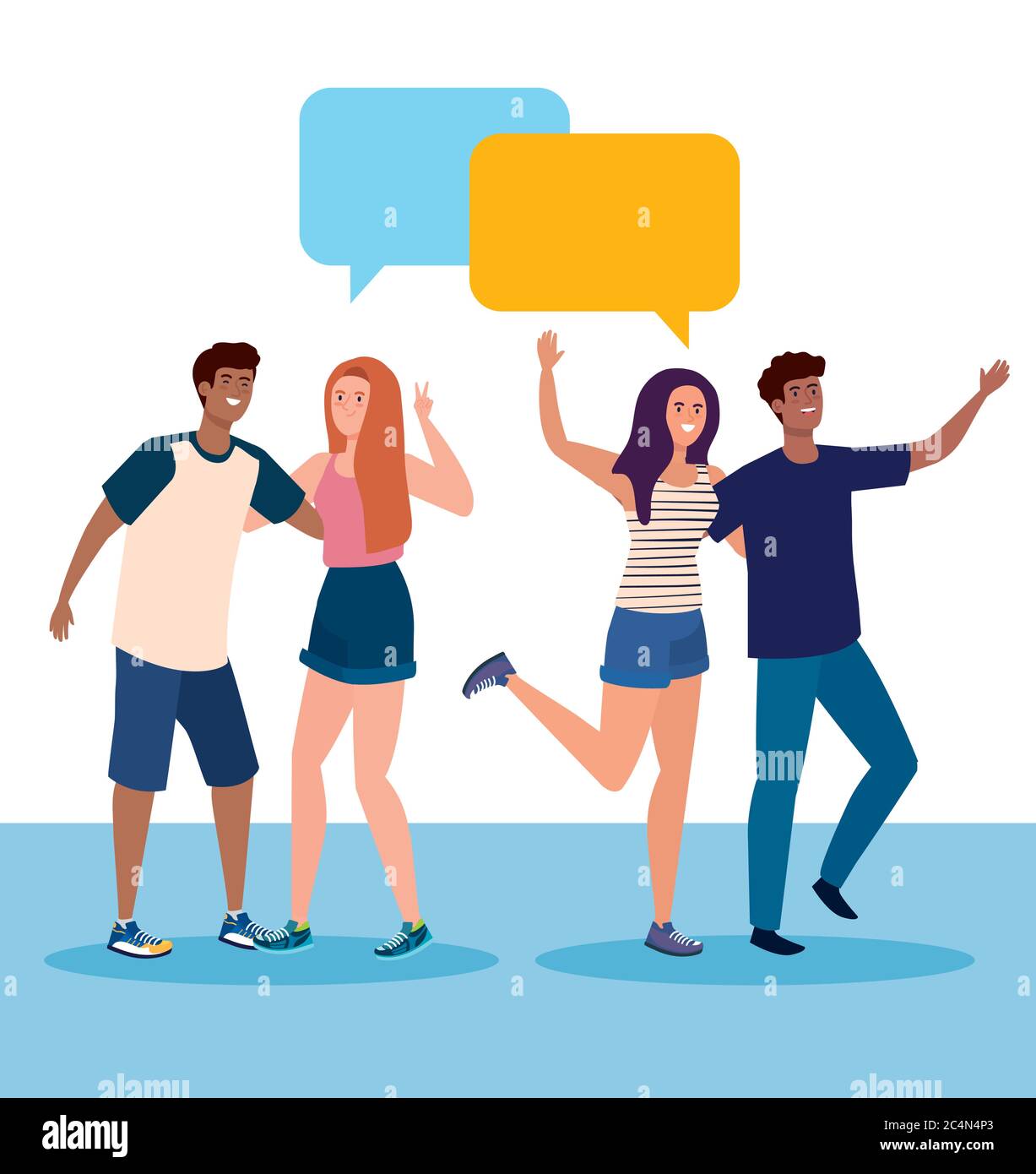 happy characters, young people talking, friendship excitement, cheerful ...