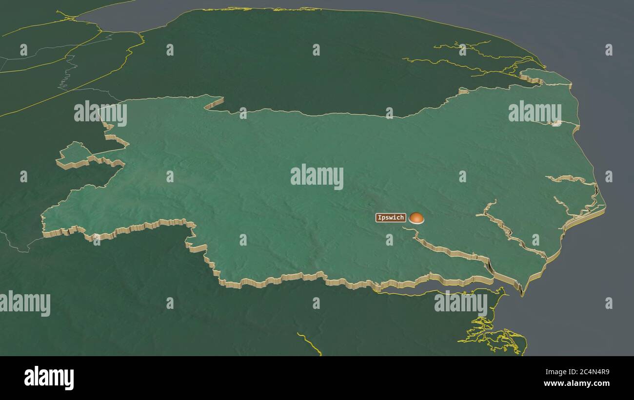 Zoom in on Suffolk (administrative county of England) extruded. Oblique ...