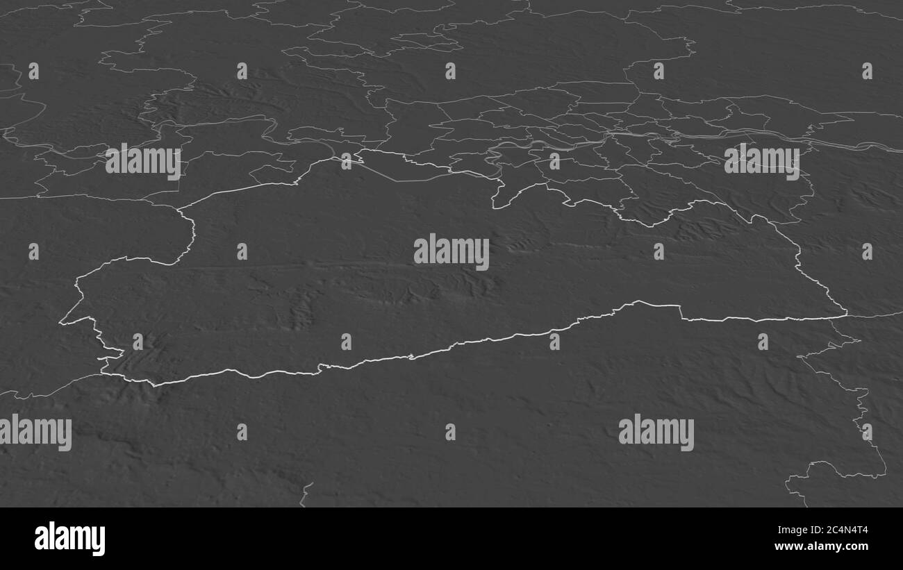 Zoom in on Surrey (administrative county of England) outlined. Oblique ...