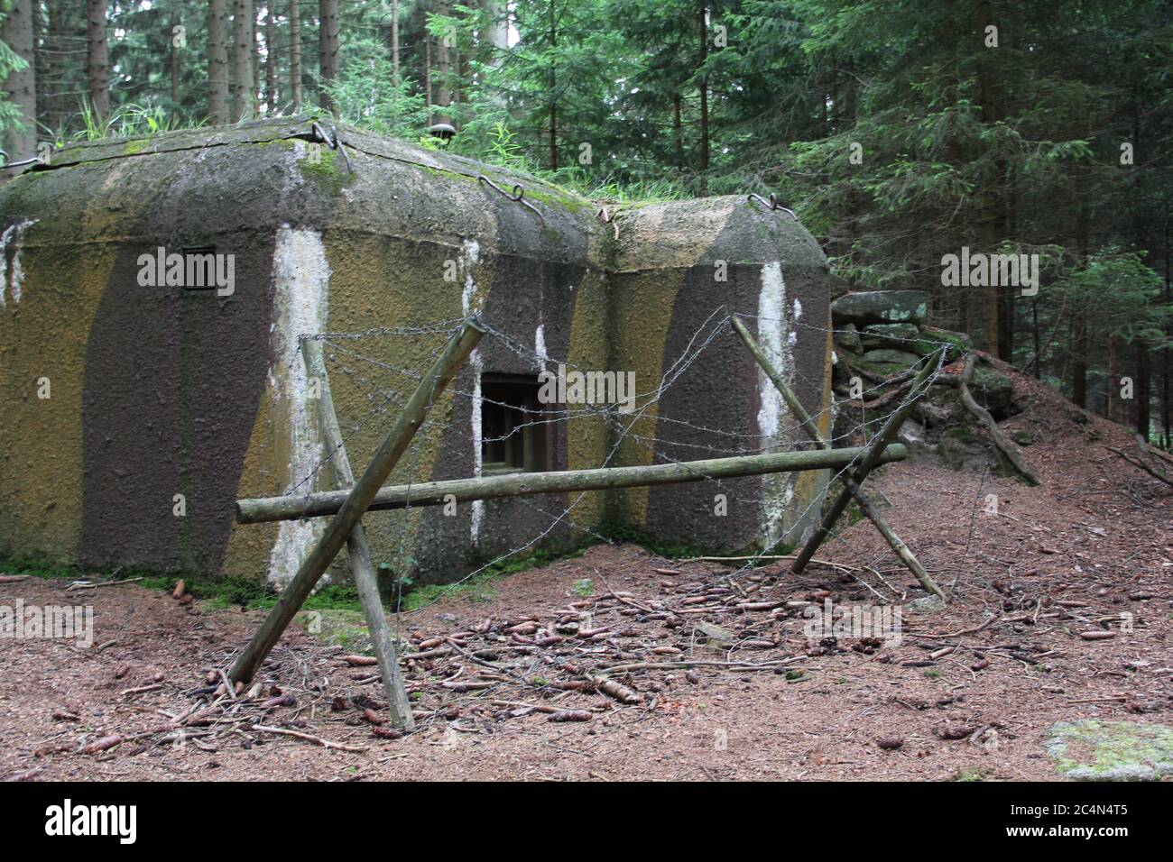 Old bunker with a barbed wire fence in the forest Stock Photo - Alamy
