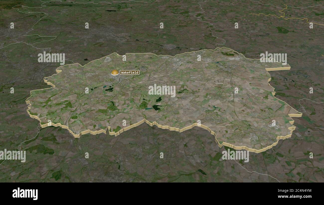 Zoom in on Wakefield (unitary authority of England) extruded. Oblique ...