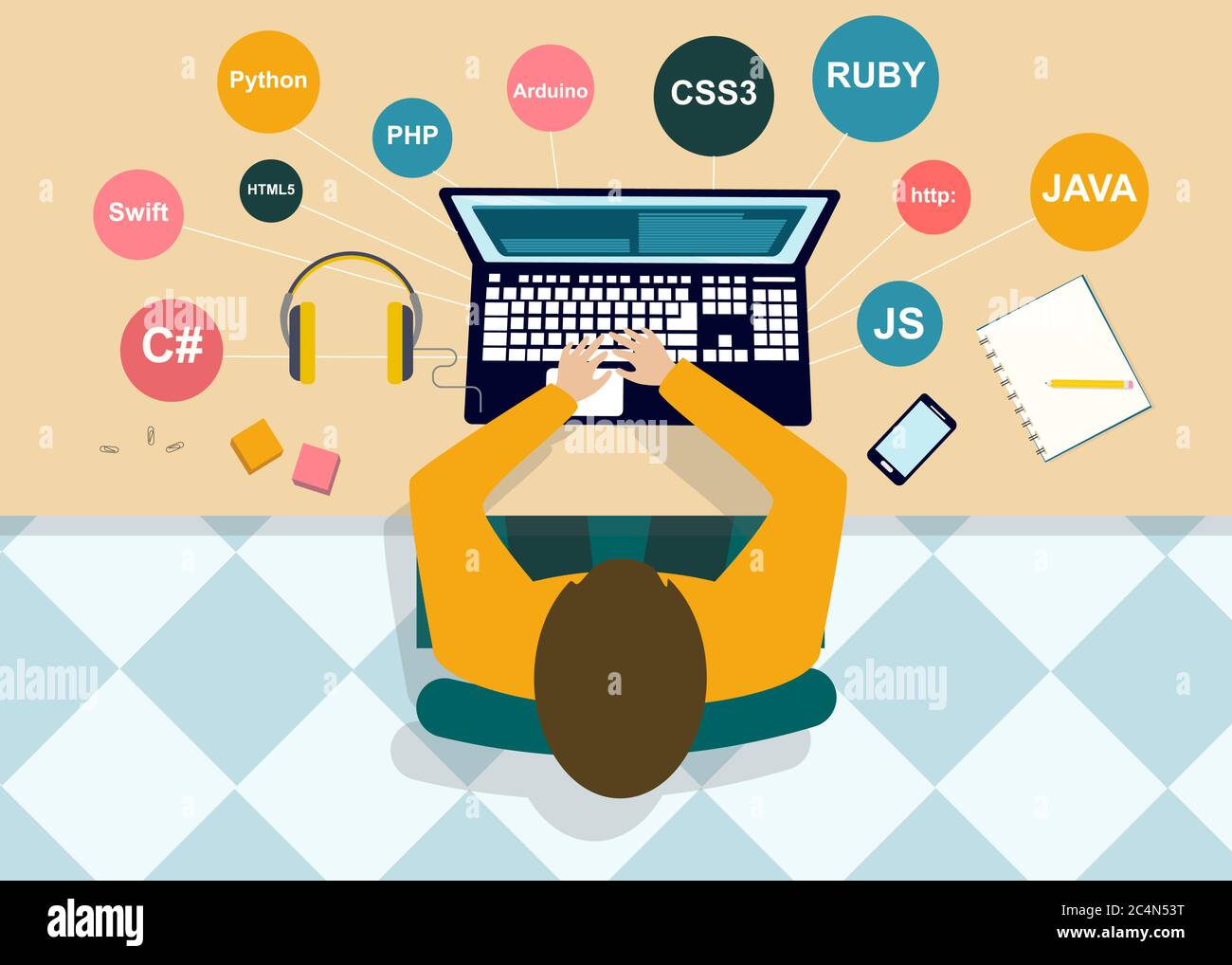 Top view of programmer working on laptop, creative image Stock Vector ...