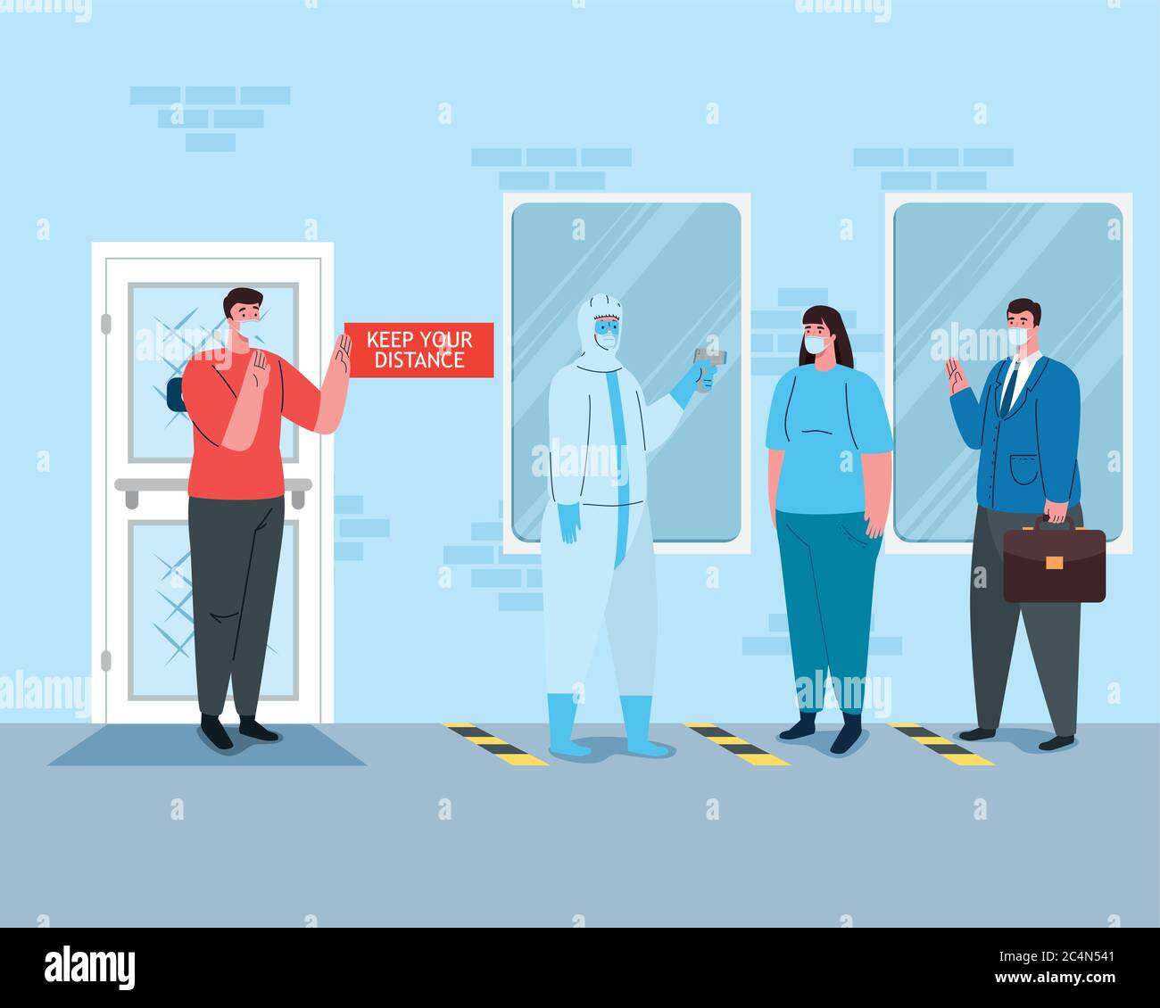 social distancing, people wearing medical mask in line standing, facade ...