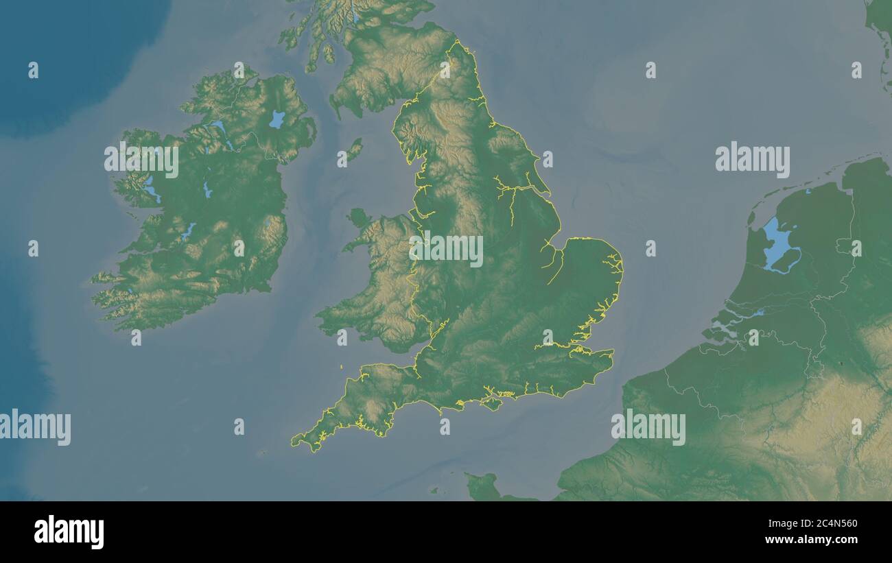 Outlined shape of the England area. Topographic relief map with surface ...