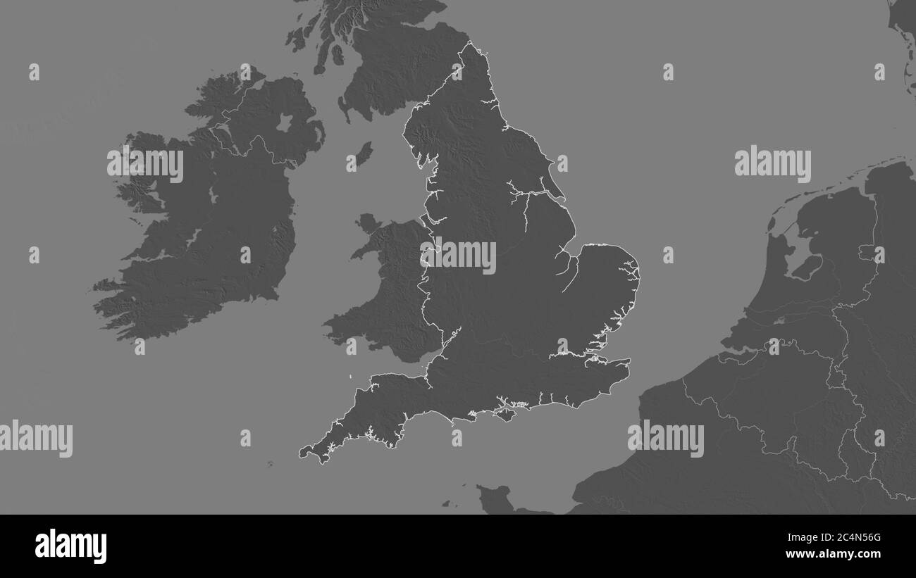 Outlined shape of the England area. Bilevel elevation map with surface ...