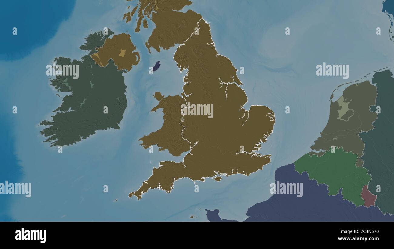 Outlined shape of the England area. Colored and bumped map of the ...