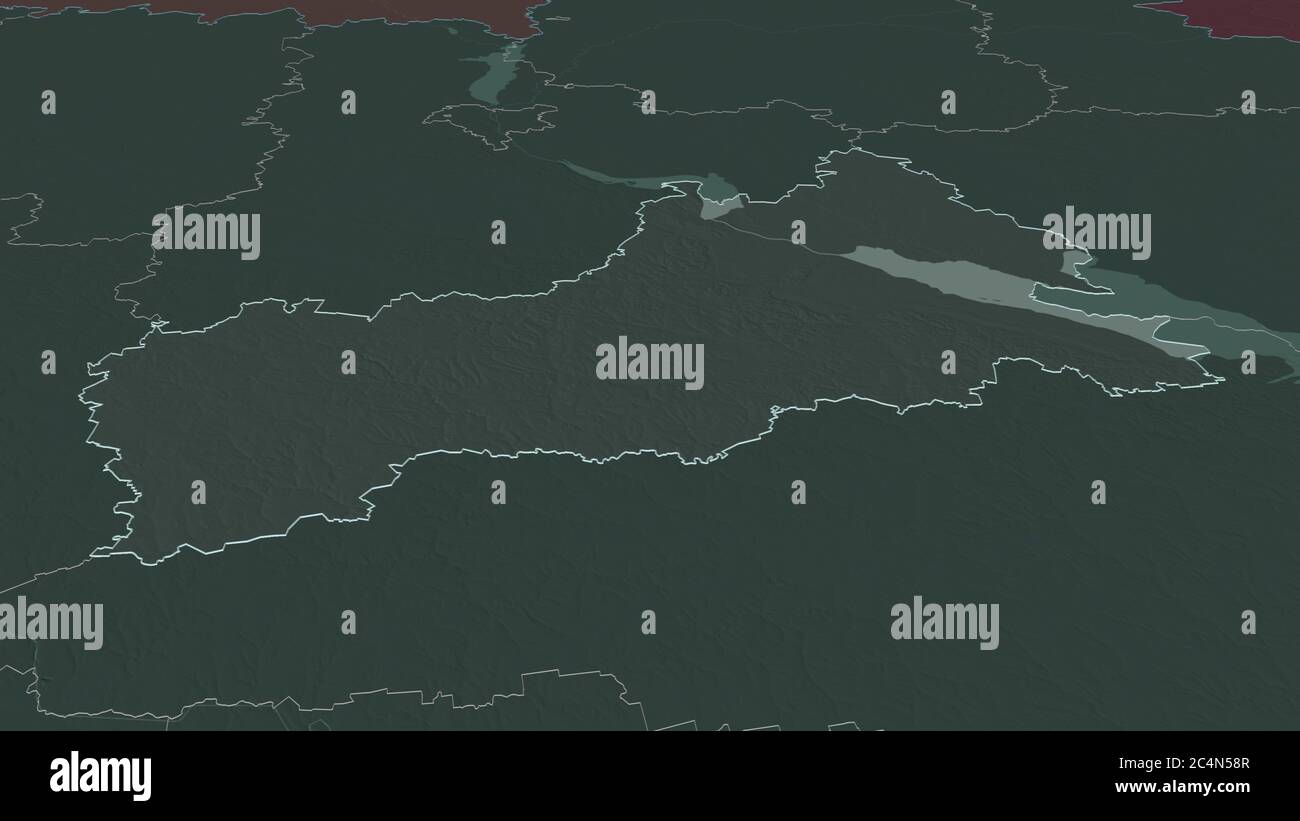 Zoom in on Cherkasy (region of Ukraine) outlined. Oblique perspective ...