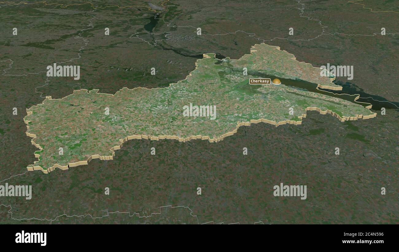 Zoom in on Cherkasy (region of Ukraine) extruded. Oblique perspective ...
