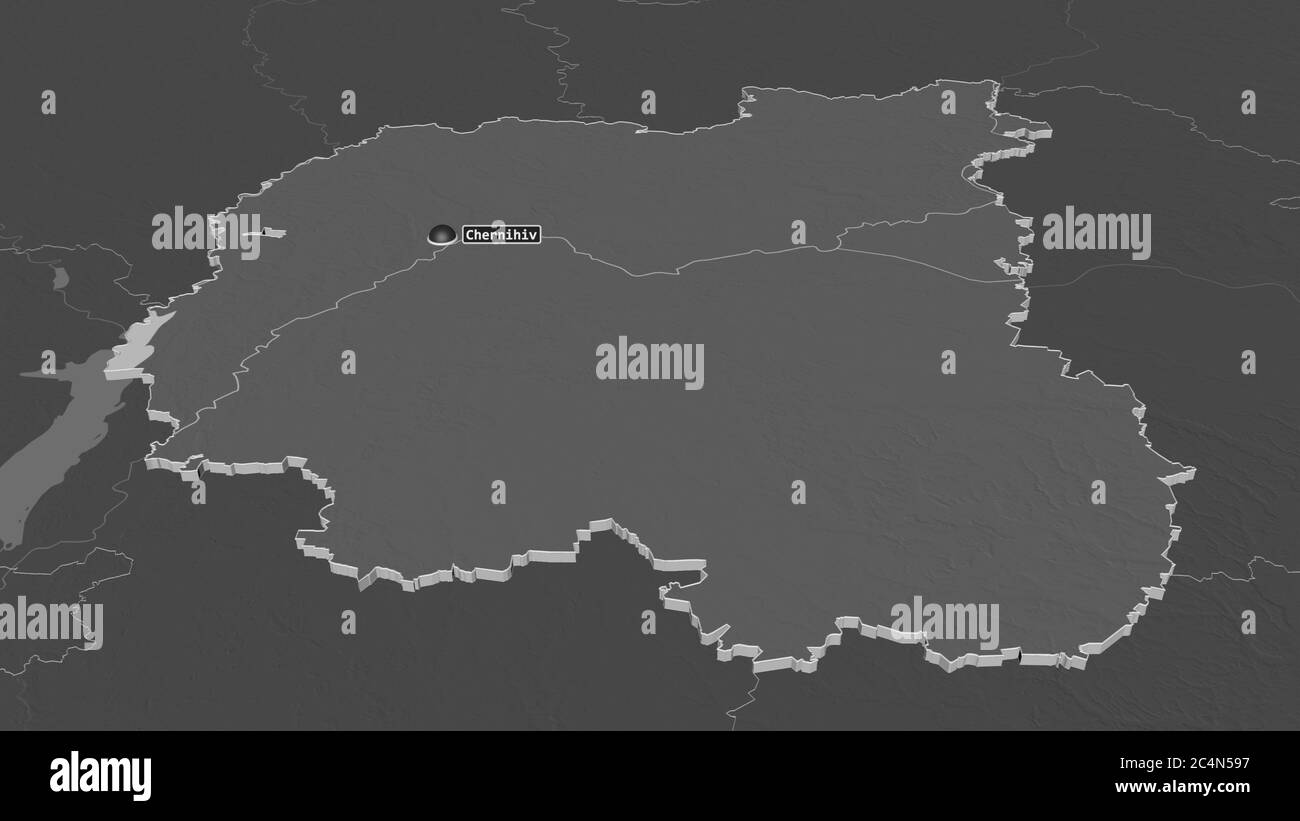 Zoom in on Chernihiv (region of Ukraine) extruded. Oblique perspective ...