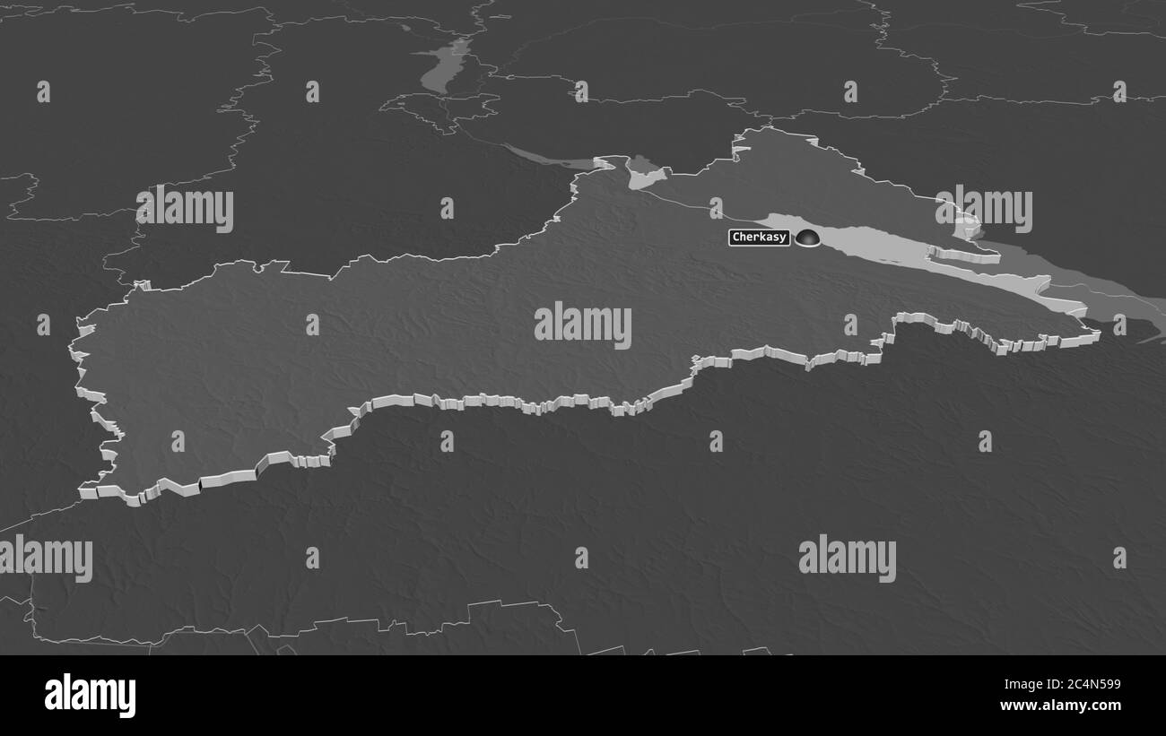 Zoom in on Cherkasy (region of Ukraine) extruded. Oblique perspective ...