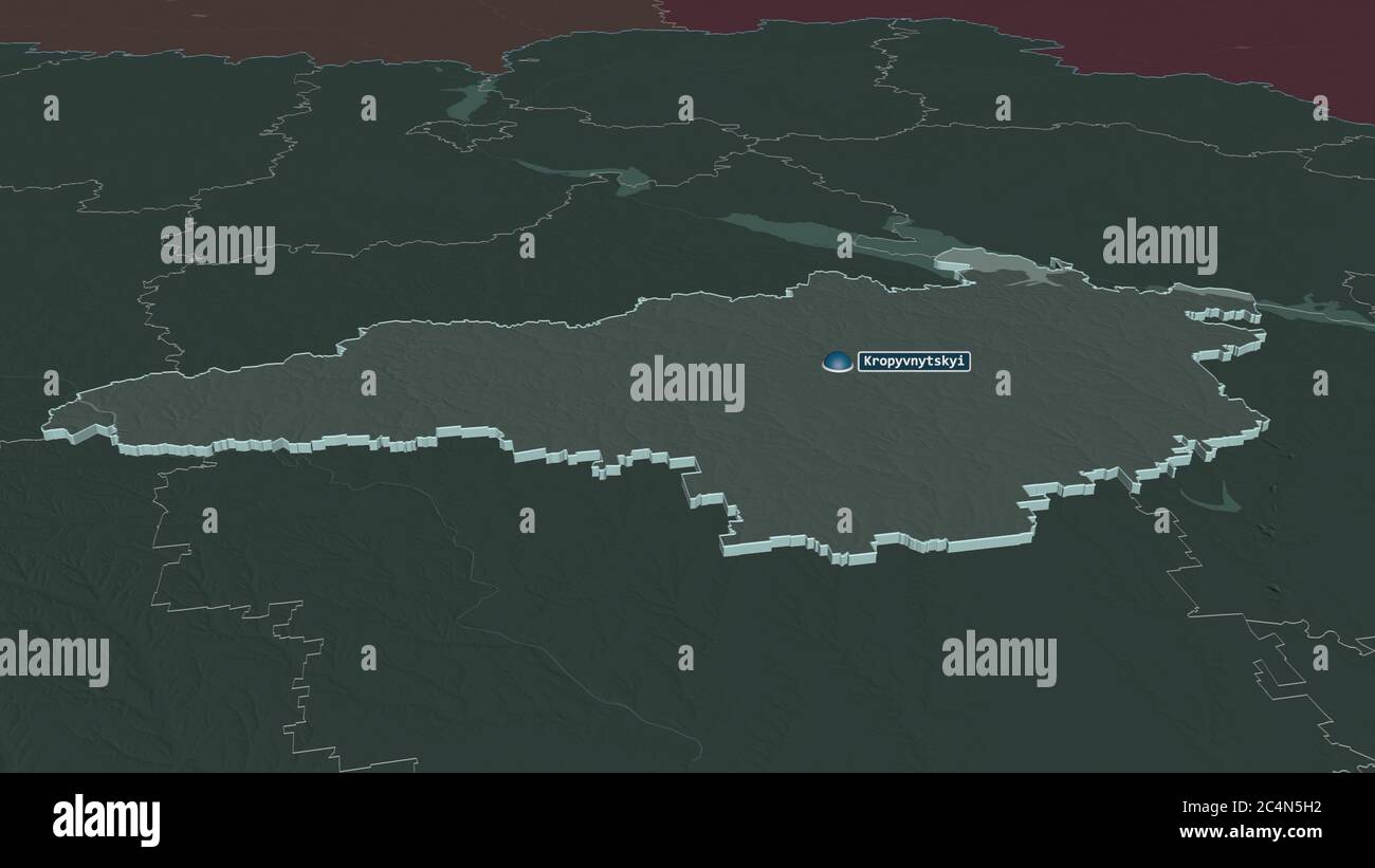 Zoom in on Kirovohrad (region of Ukraine) extruded. Oblique perspective ...