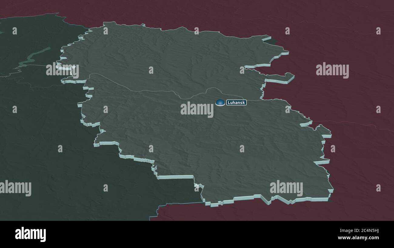 Zoom in on Luhans'k (region of Ukraine) extruded. Oblique perspective ...
