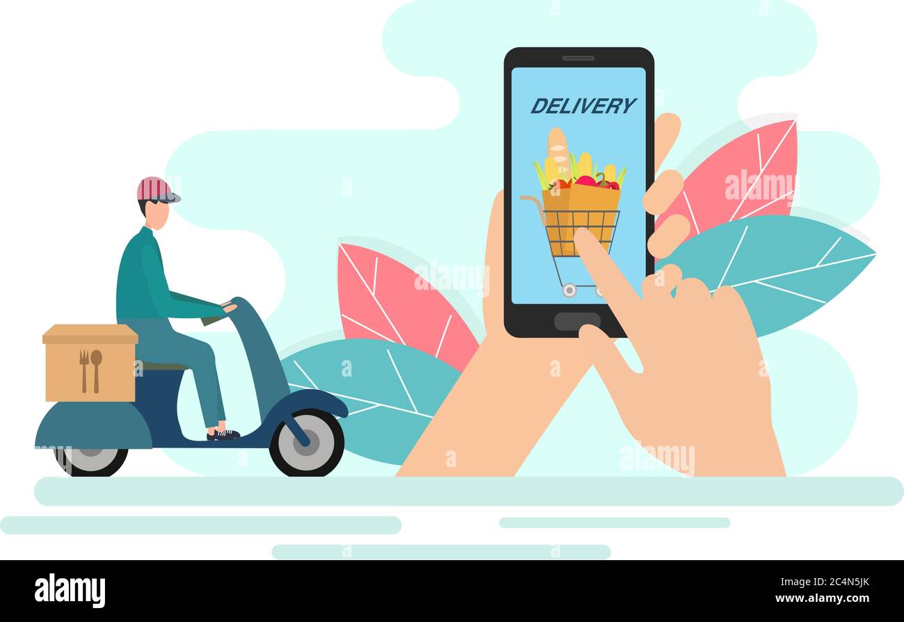 Hands using delivery app and delivery guy on scooter Stock Vector Image ...