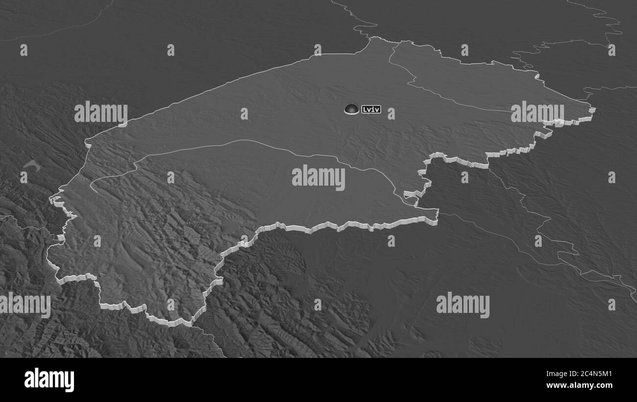 Zoom in on L'viv (region of Ukraine) extruded. Oblique perspective ...