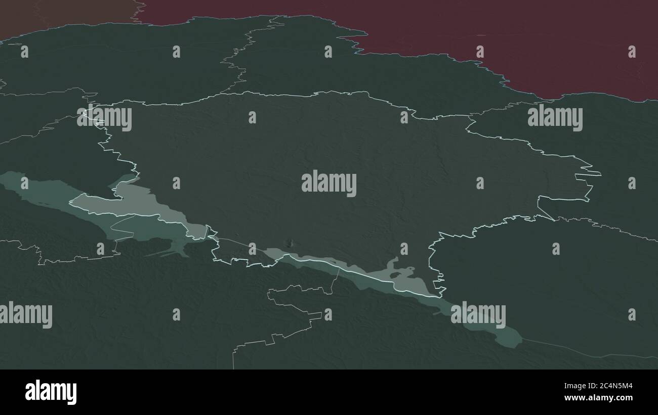 Zoom in on Poltava (region of Ukraine) outlined. Oblique perspective ...