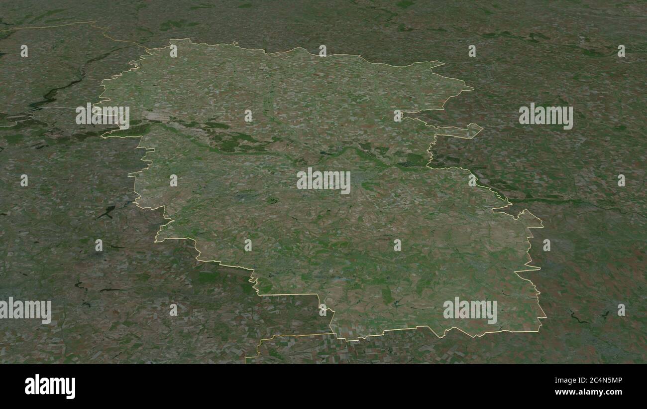 Zoom in on Luhans'k (region of Ukraine) outlined. Oblique perspective ...