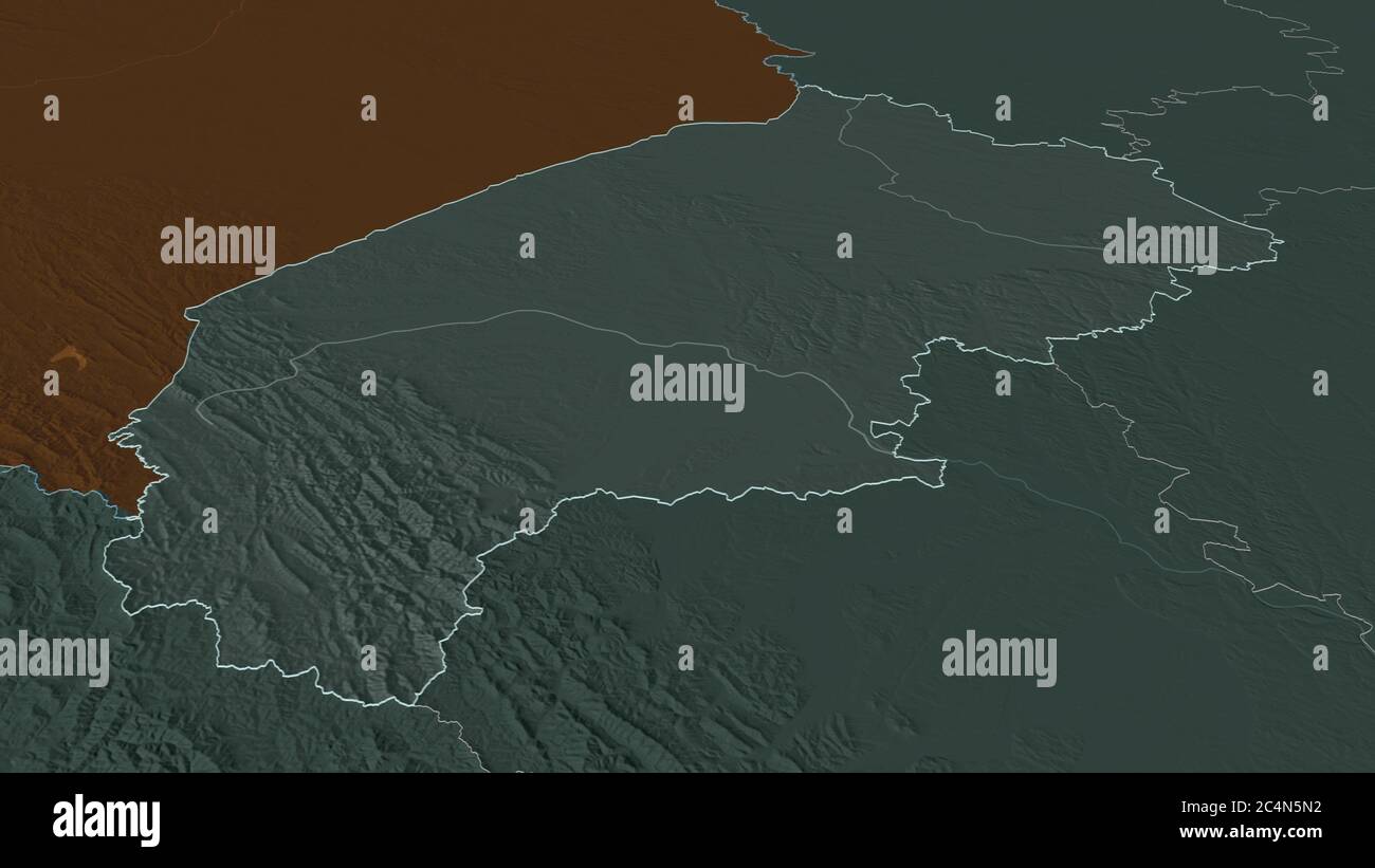 Zoom in on L'viv (region of Ukraine) outlined. Oblique perspective ...