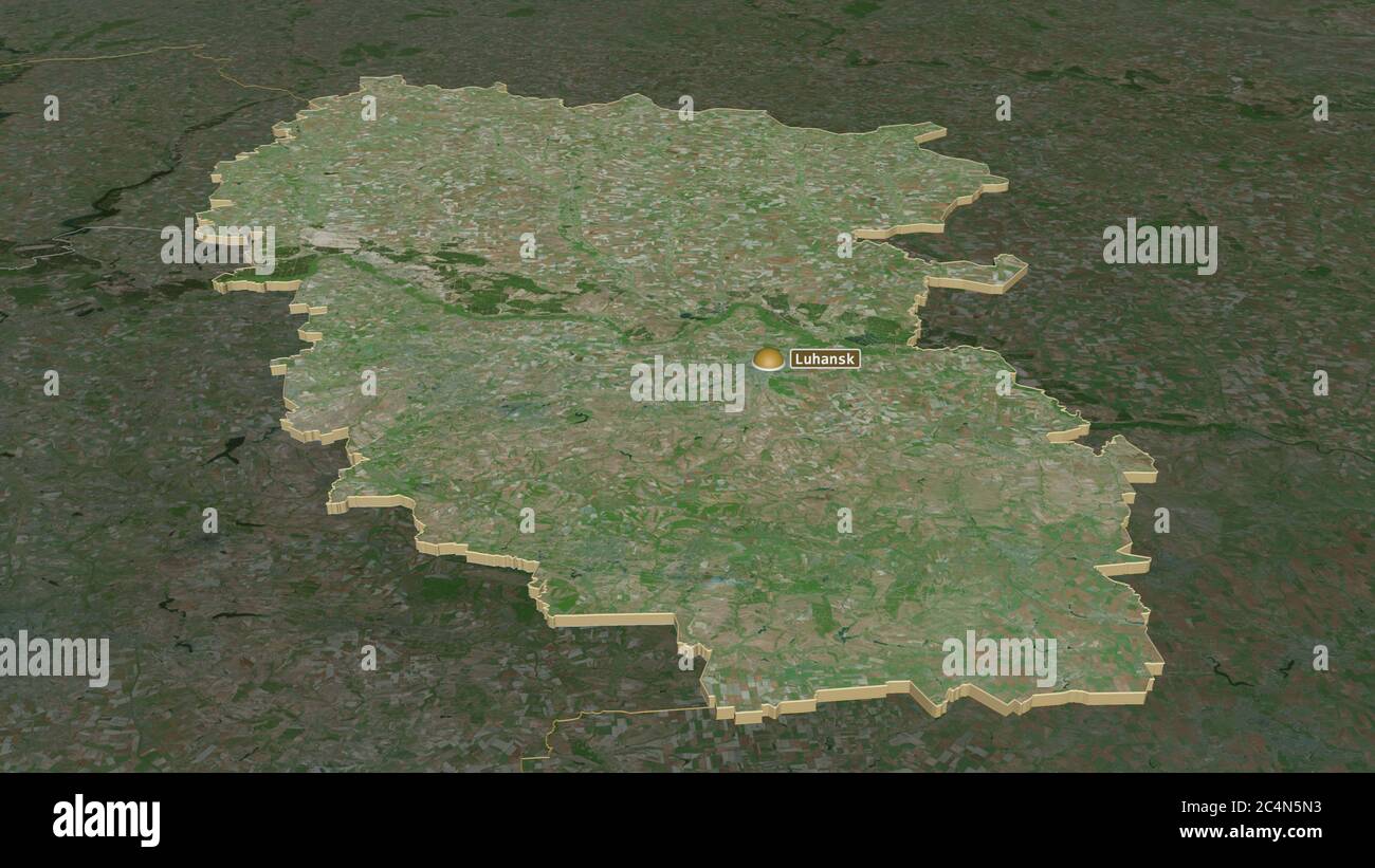 Zoom in on Luhans'k (region of Ukraine) extruded. Oblique perspective ...