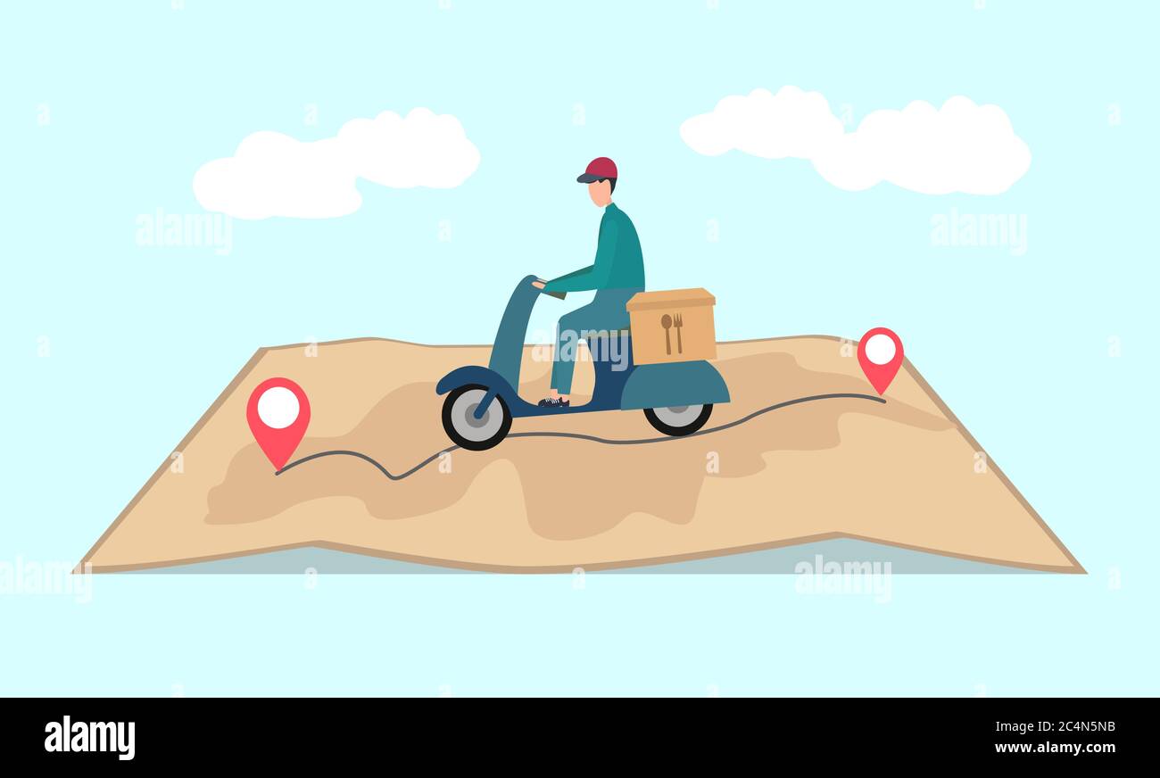 Delivery Guy Riding Scooter With Food Box By Map Stock Vector Image