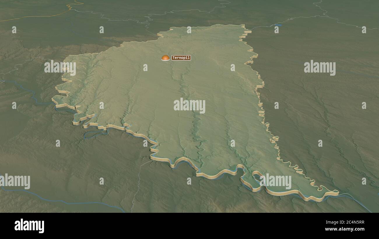 Zoom in on Ternopil' (region of Ukraine) extruded. Oblique perspective ...