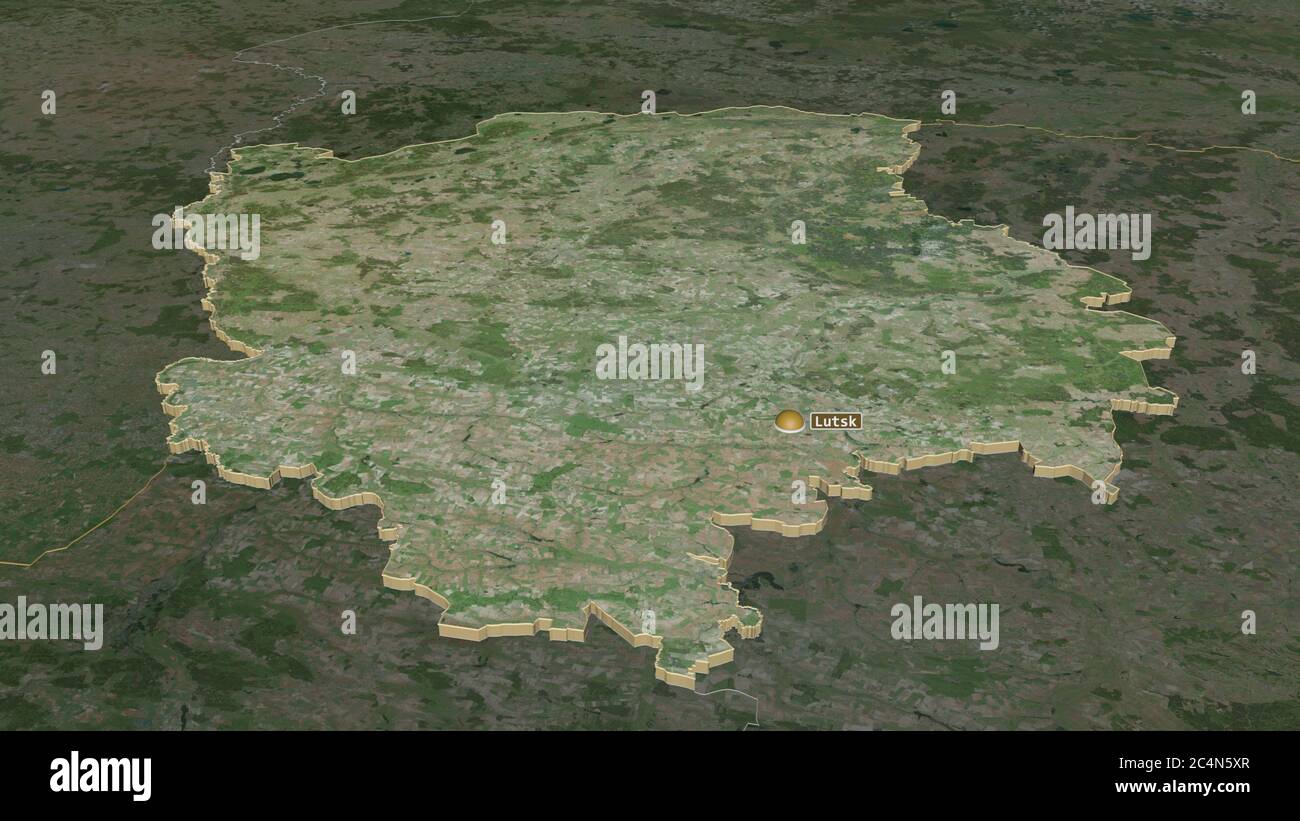 Zoom in on Volyn (region of Ukraine) extruded. Oblique perspective ...