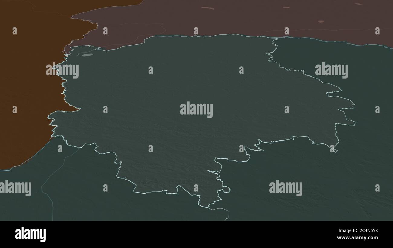 Zoom in on Volyn (region of Ukraine) outlined. Oblique perspective ...